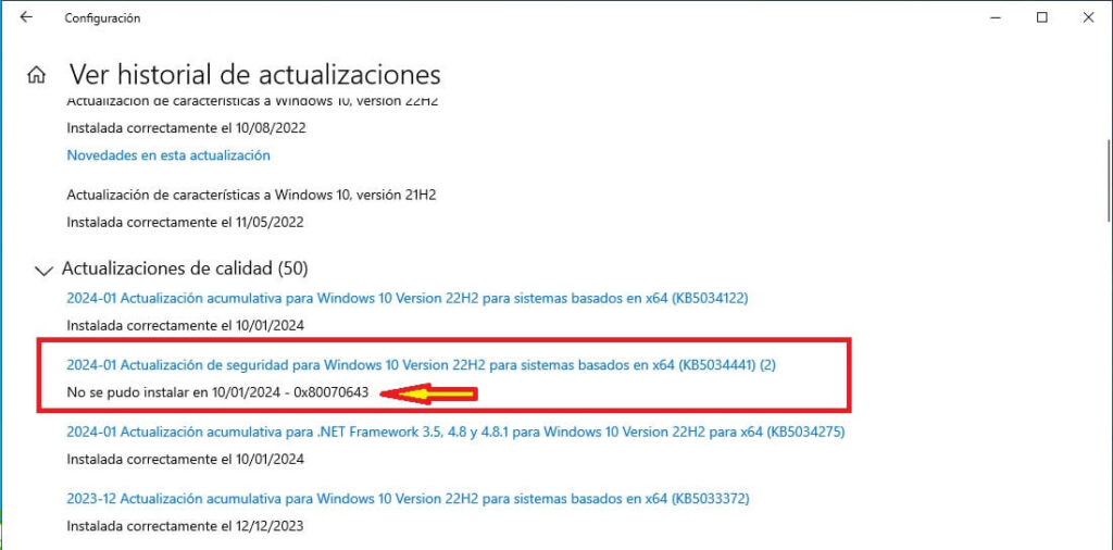 Solución al error 0x80070643 de Windows 10 KB5034441